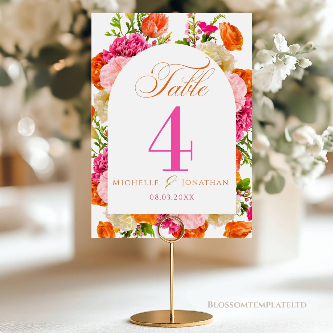 Floral Wedding Table Number Template Pink and Orange Printable Boho ...