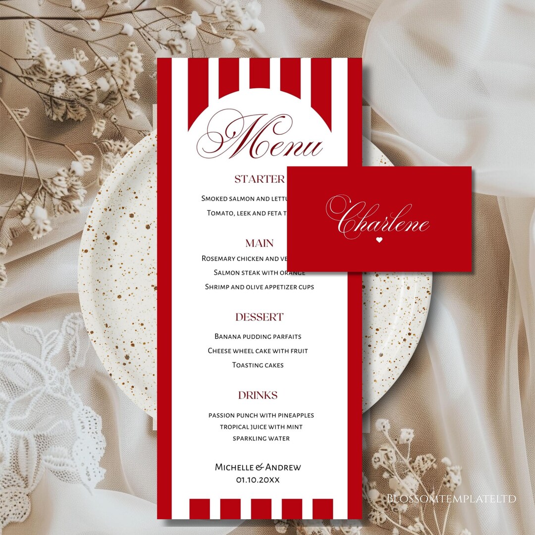 Editable Wedding Menu and Name Place Cards Printable Template Red ...