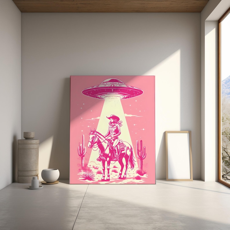 Space Cowgirl Digital Art Print | Cowgirl on Horse With UFO | Western ...