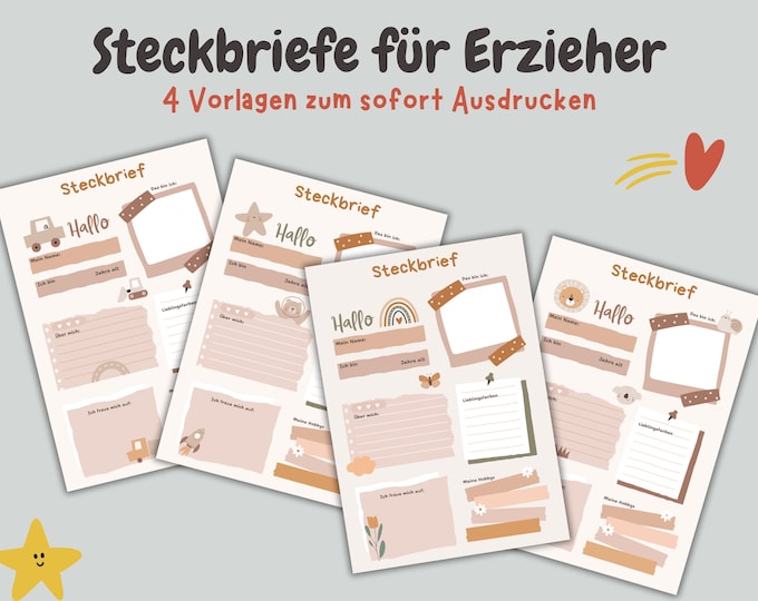 2 Steckbriefe für Erzieher | Steckbrief Kita | Vorlage Erzieherinnen ...