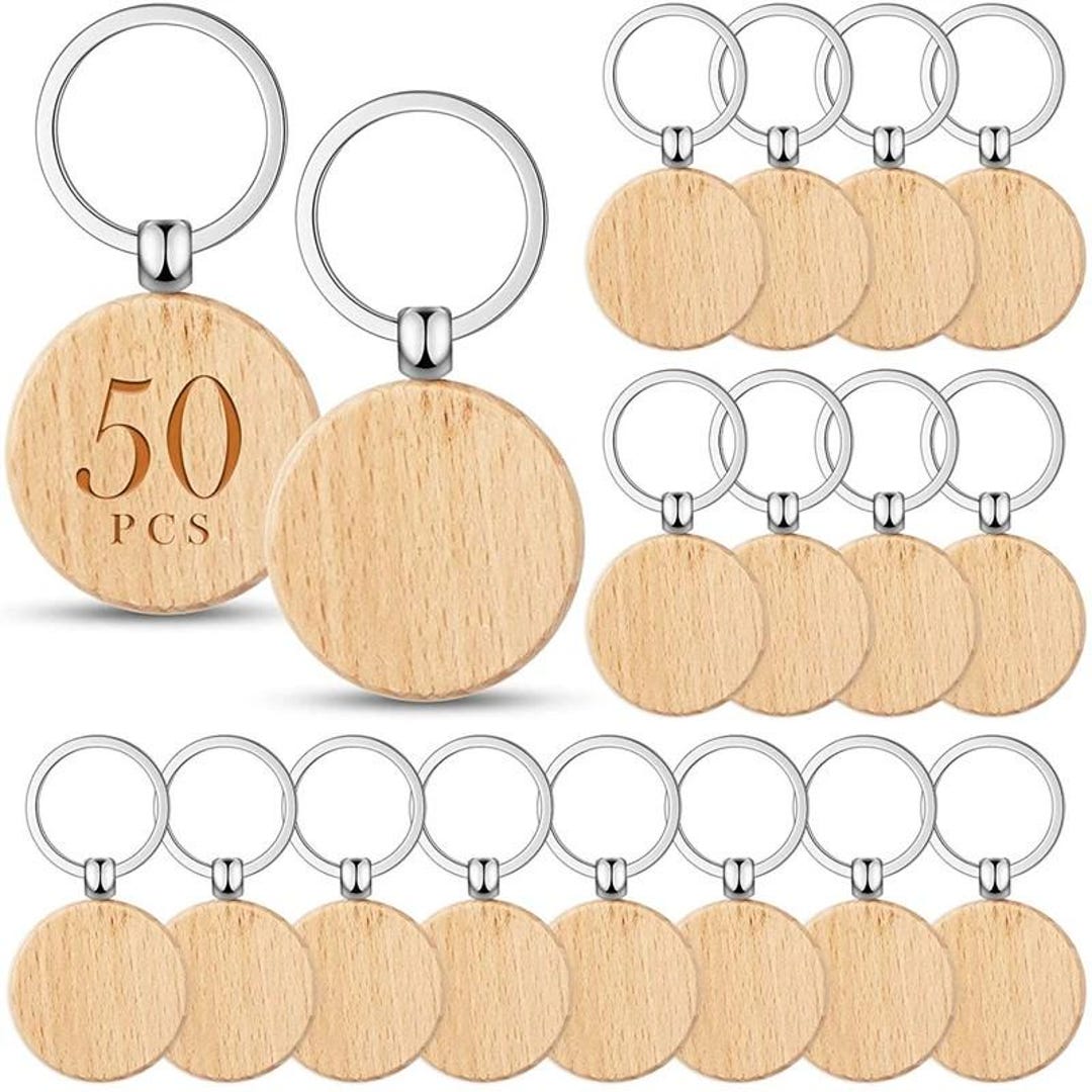 Blank Wooden Key Tag Set – 50-piece Engraving-ready Keychains (round ...