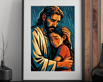 Jesus Holding Crying Girl Art Print, Religious Christian Wall Art ...