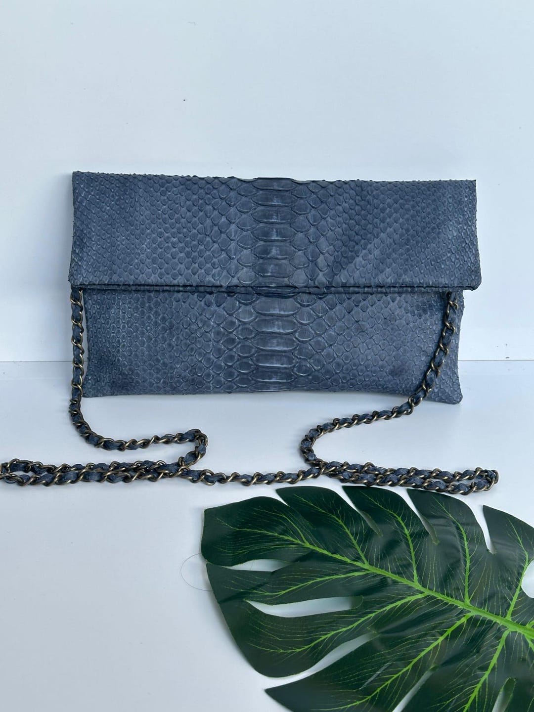 Navy Blue Python Skin Foldover Clutch: Handmade Snakeskin Clutch With ...