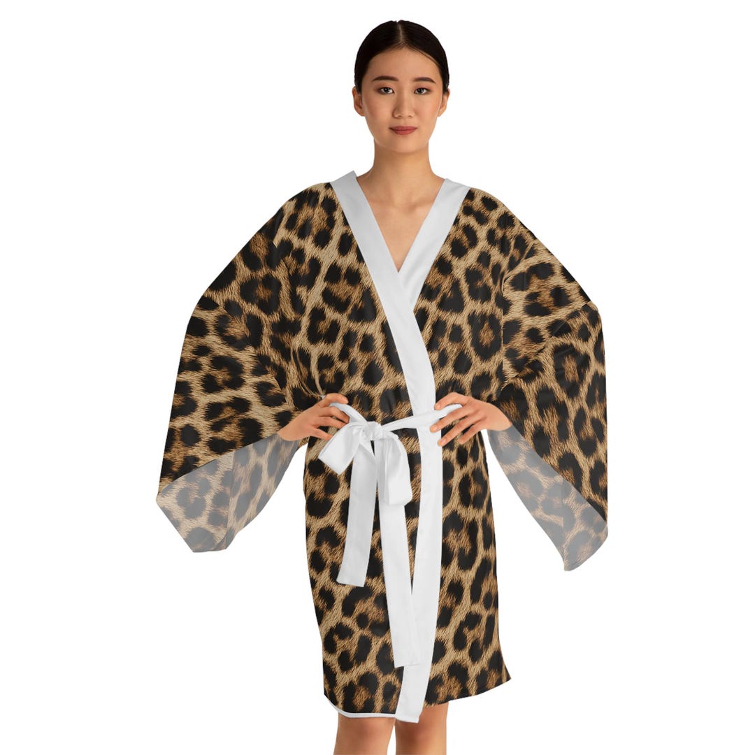 Leopard Print Long Sleeve Kimono Robe, Stylish Loungewear, Bohemian ...