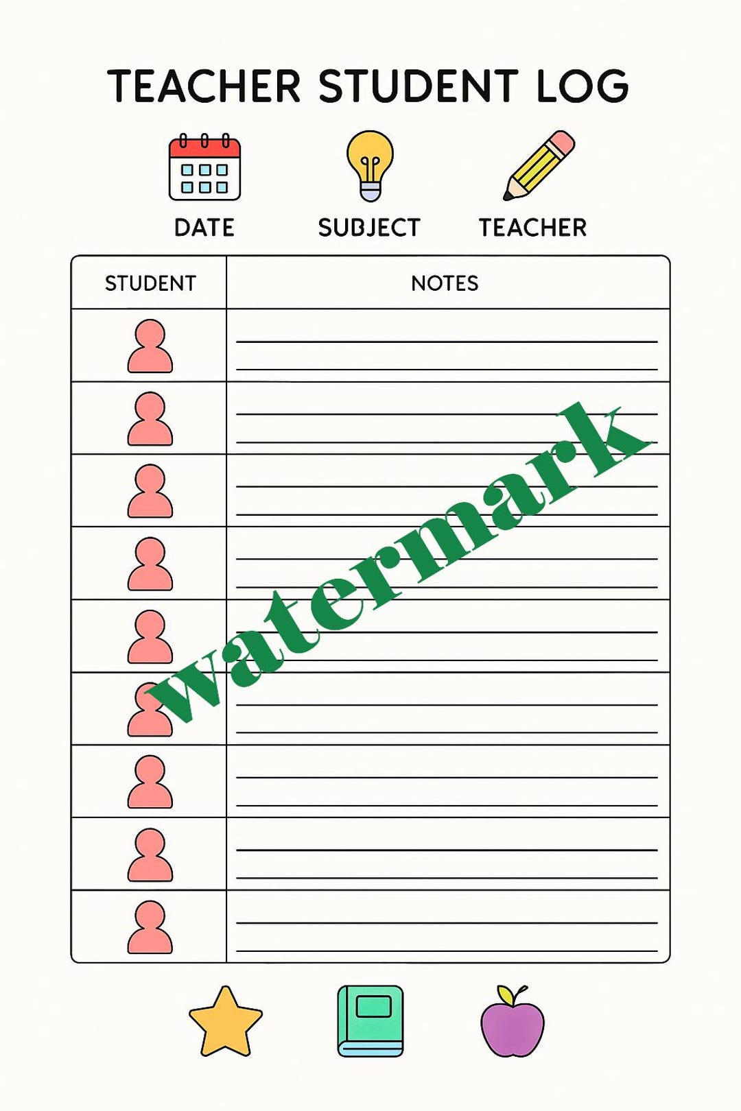 Teacher 30 Student Log Sheet With Icons - Etsy UK