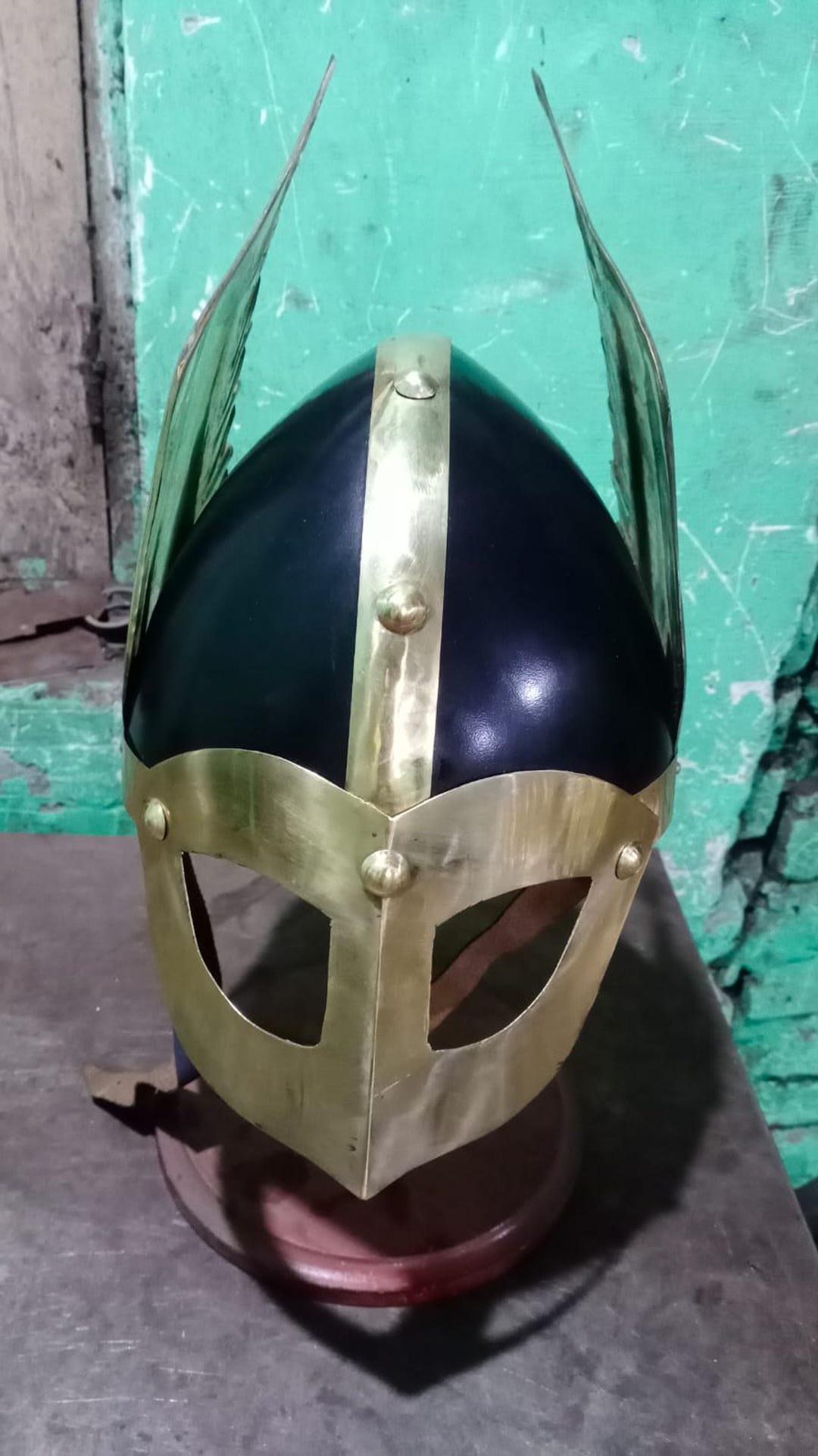 Medieval Viking Winged Helmet – Handcrafted Black Steel Brass Norse ...