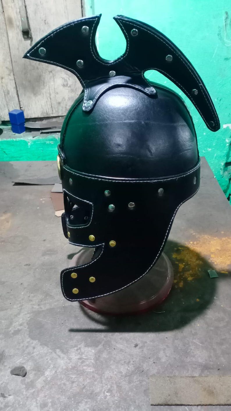Medieval Black Leather Viking Helmet – Handcrafted Warrior Headgear ...