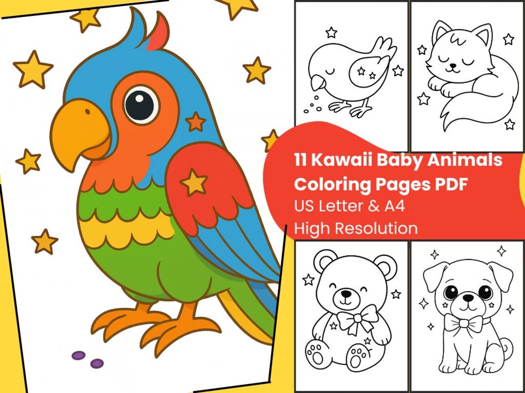 Kawaii Baby Animal Coloring Book for Kids – 11 Pages of Cute Zoo & Pet ...