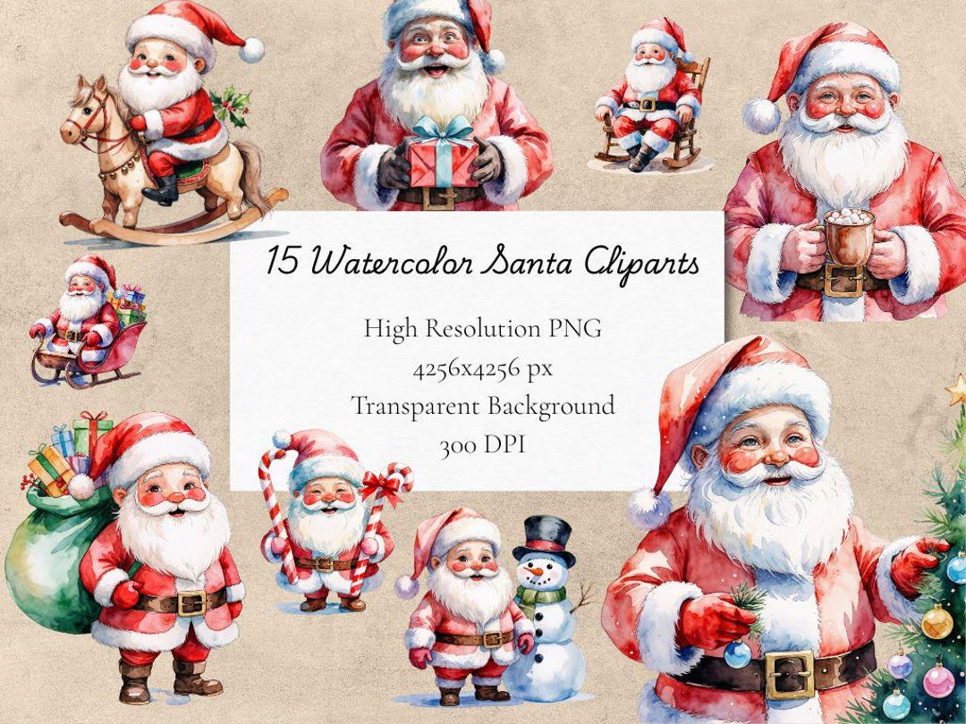 15 Watercolor Santa Claus Cliparts | Christmas PNG Bundle | Transparent ...