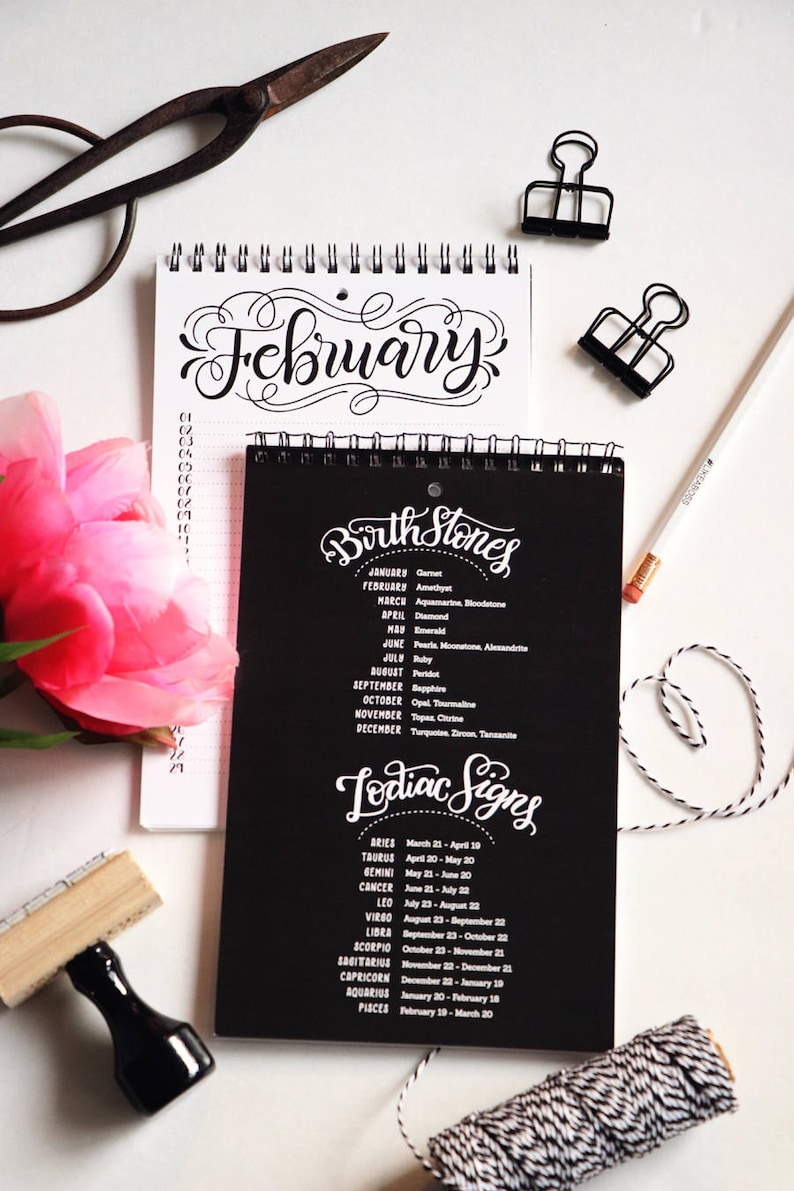 Perpetual Calendar Black & White - Birthday Calendar - Hand Lettered ...