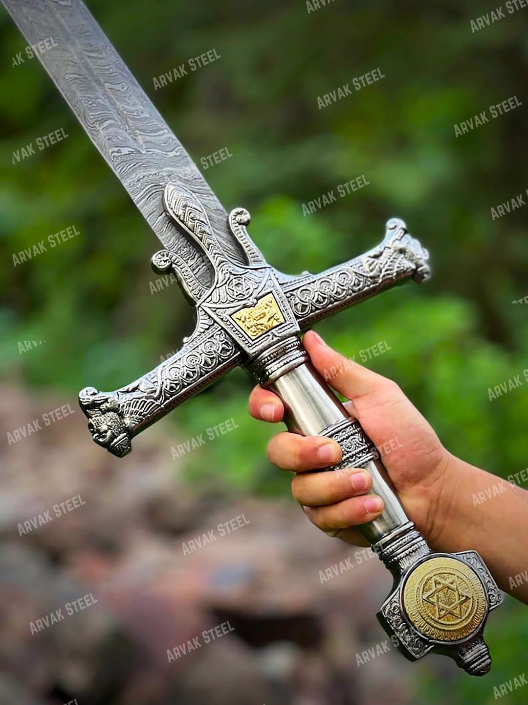Espada del Rey Salomón de acero de Damasco hecha a mano con pomo de la ...