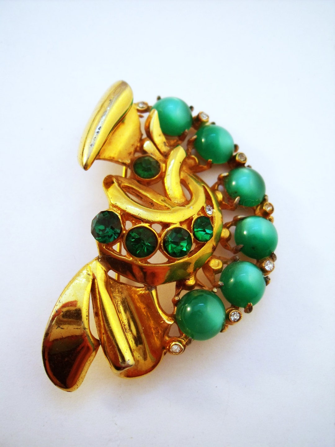 Vintage Forties Fancy Brooch in Green and Gold - Etsy