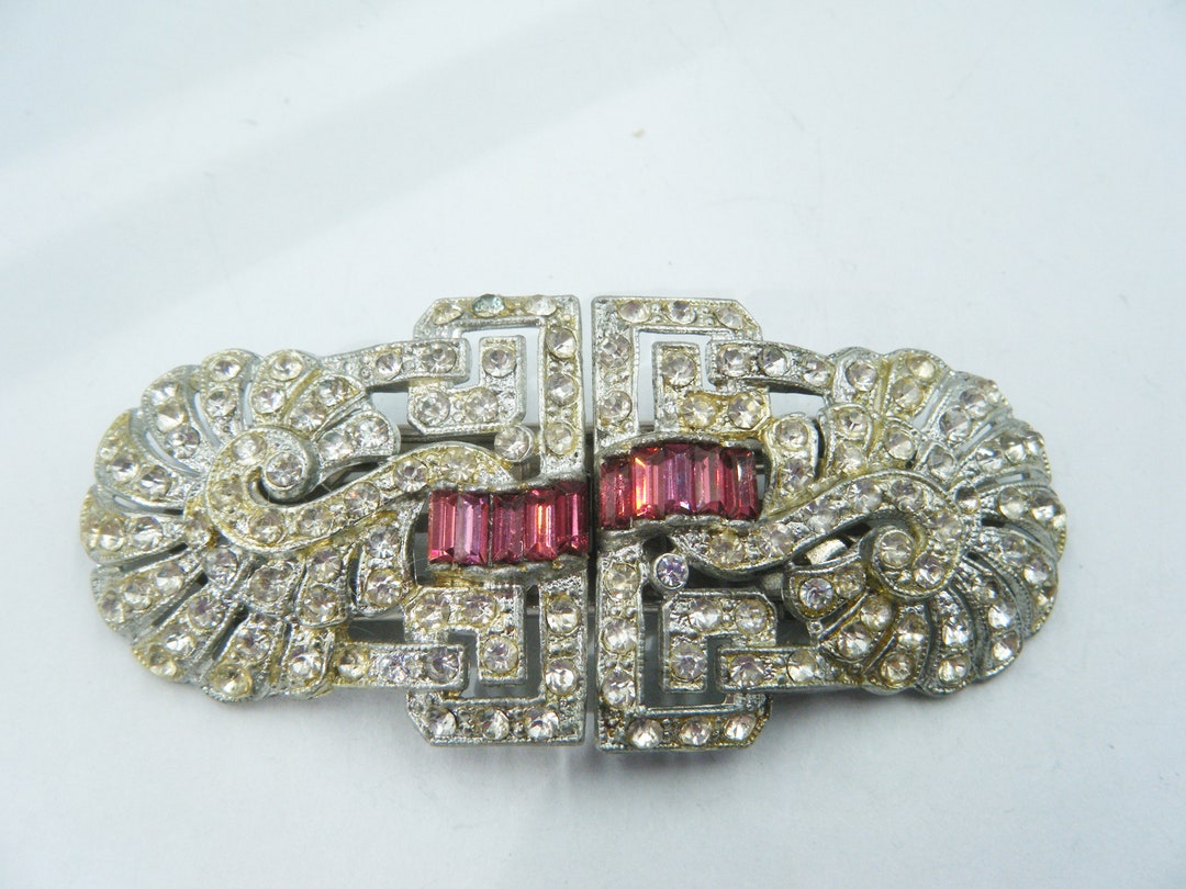 Large Duette Style Double Clip Brooch With Red and Clear Stones - Etsy
