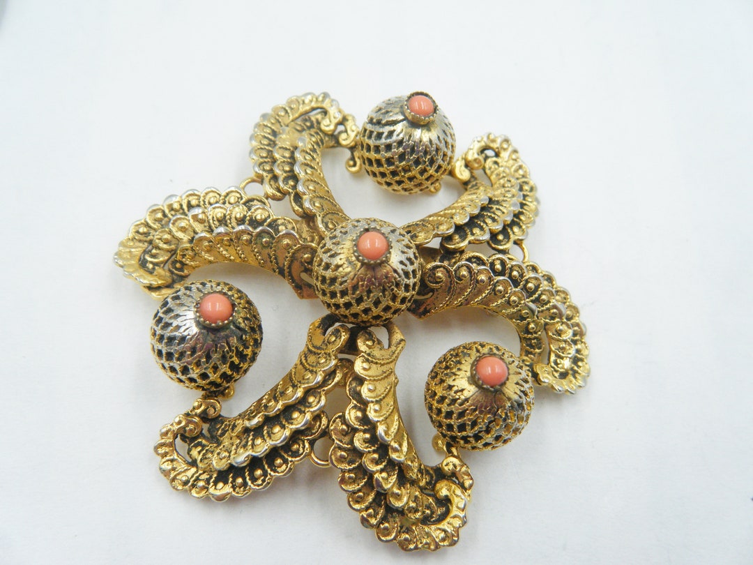 Sandor Unusual Design Gold Tone With Coral Accents Brooch - Etsy Canada