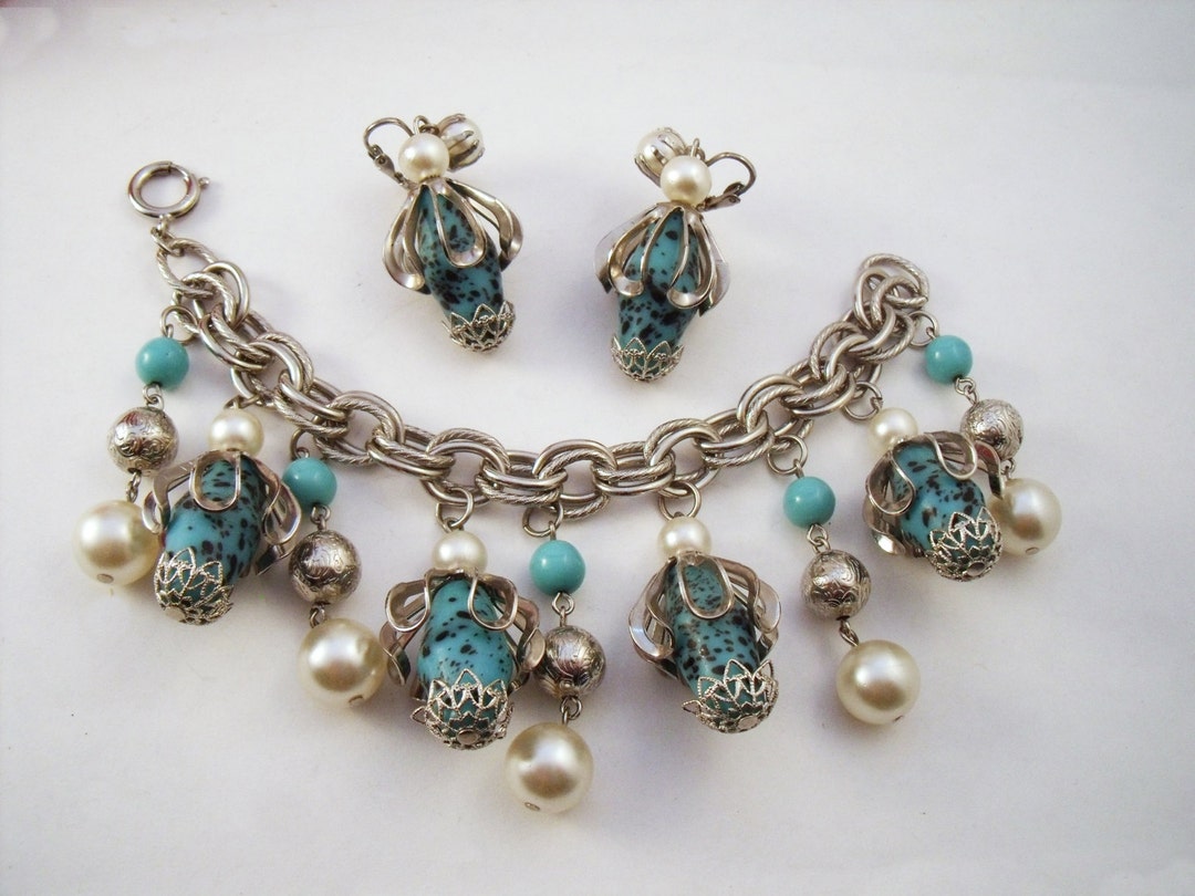 Vintage Chunky Turquoise Tone Charm Bracelet and Earring Set Germany - Etsy