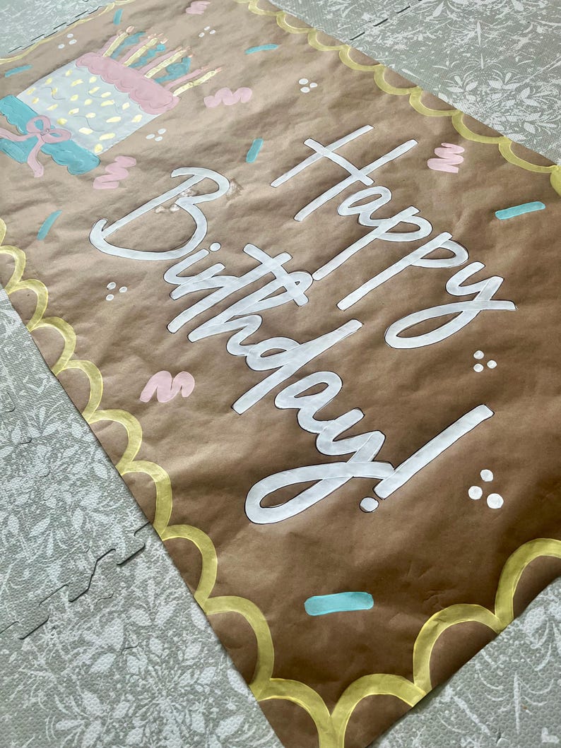 Custom Happy Birthday Banner – Hand-painted Kraft Paper Sign With Cake ...