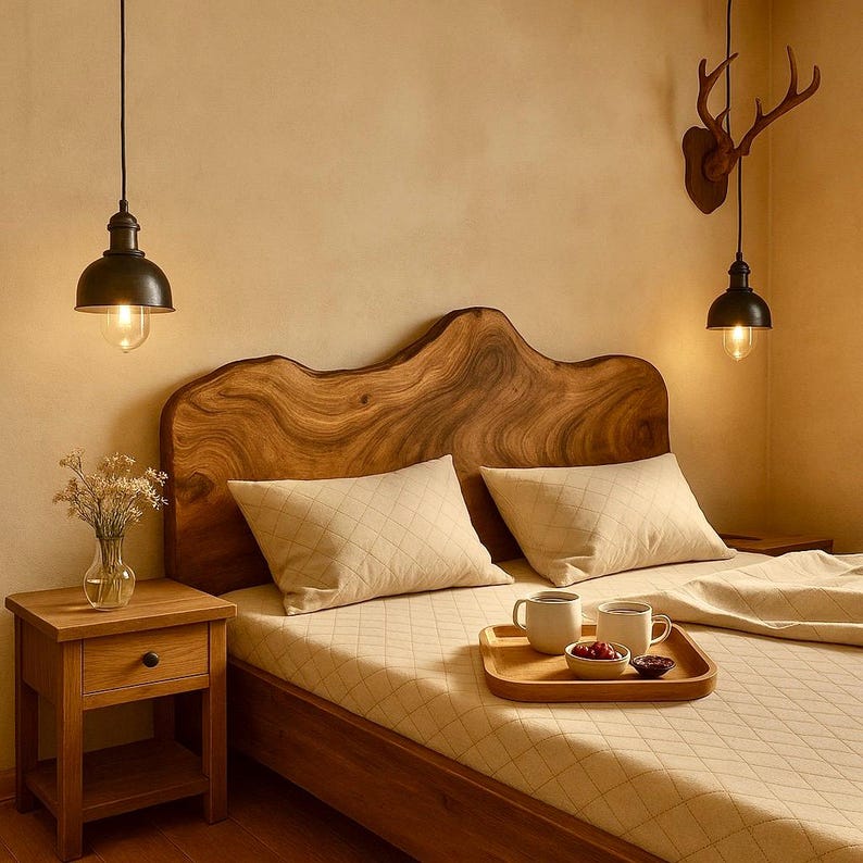 Natural Live Egde Wooden Slab Headboard - Unique Rustic Bed Back Panel ...