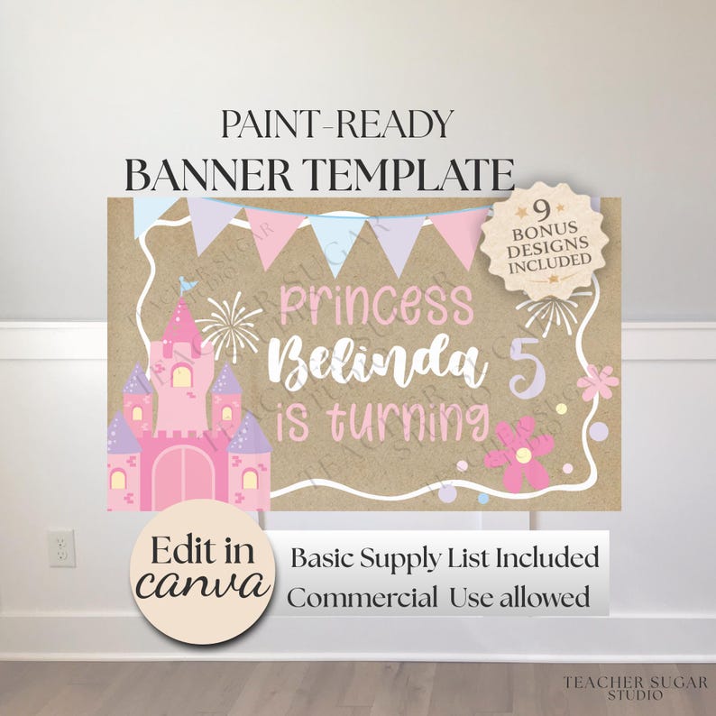 Princess Birthday Banner Template, Pink Castle Party Backdrop (digital ...