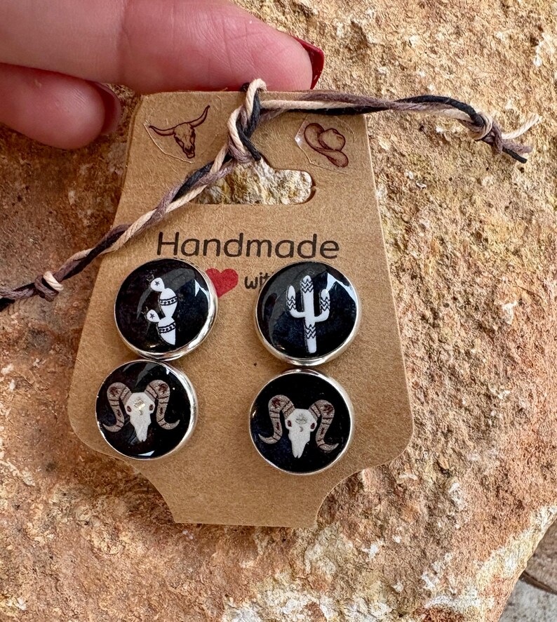 Handmade Resin Cactus Cow Skull Stud Earrings, Western Cowgirl Jewelry ...