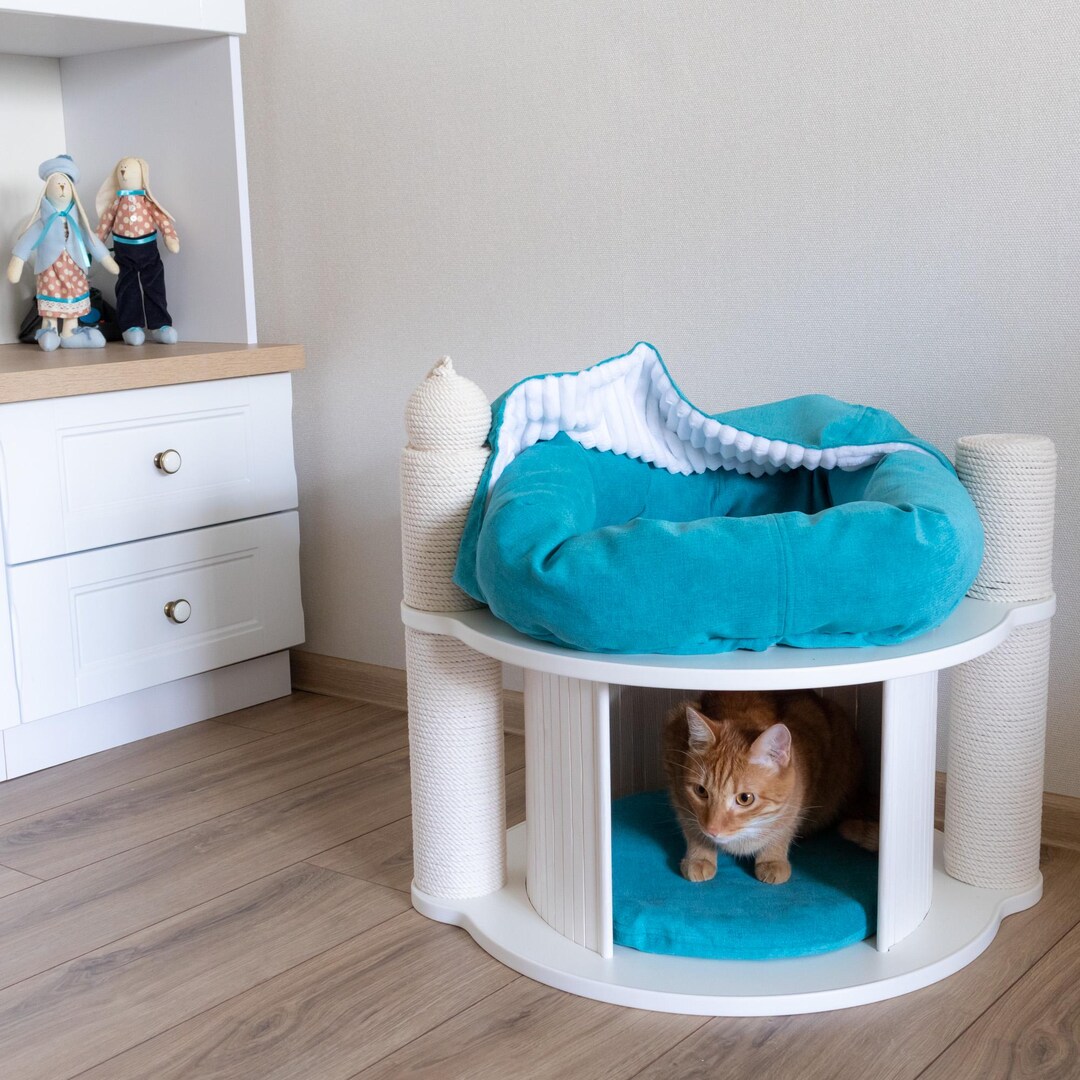 Modern Luxury Cat Tree With Cat Scratcher Pole and Cozy Cave With White ...
