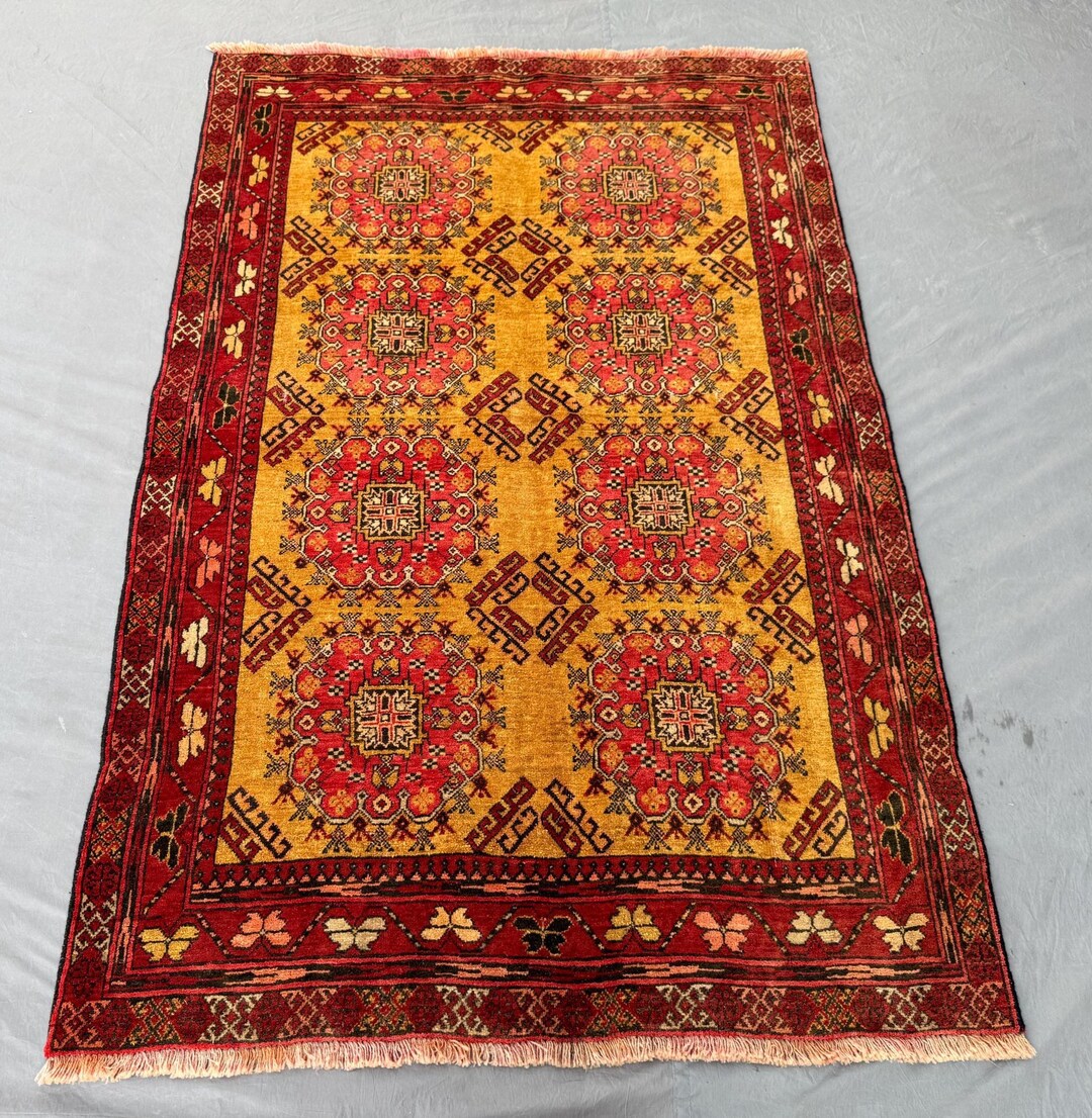 4.2x6.3 Ft Turkman Pathmus Gull Rug, Hand-knotted Wool, Red and Yellow ...