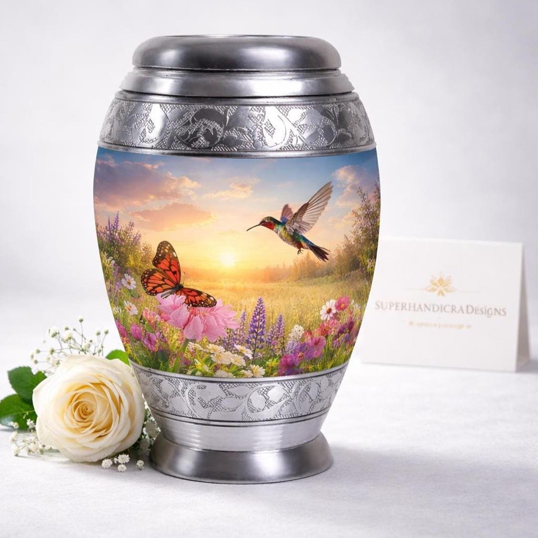 Silver Cremation Urn for Ashes, Engraved Design With White Rose ...