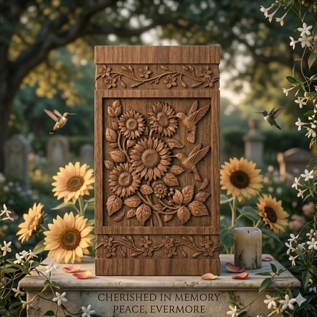 Handmade Rosewood Cremation Urn | Sunflower Hummingbird Memorial ...