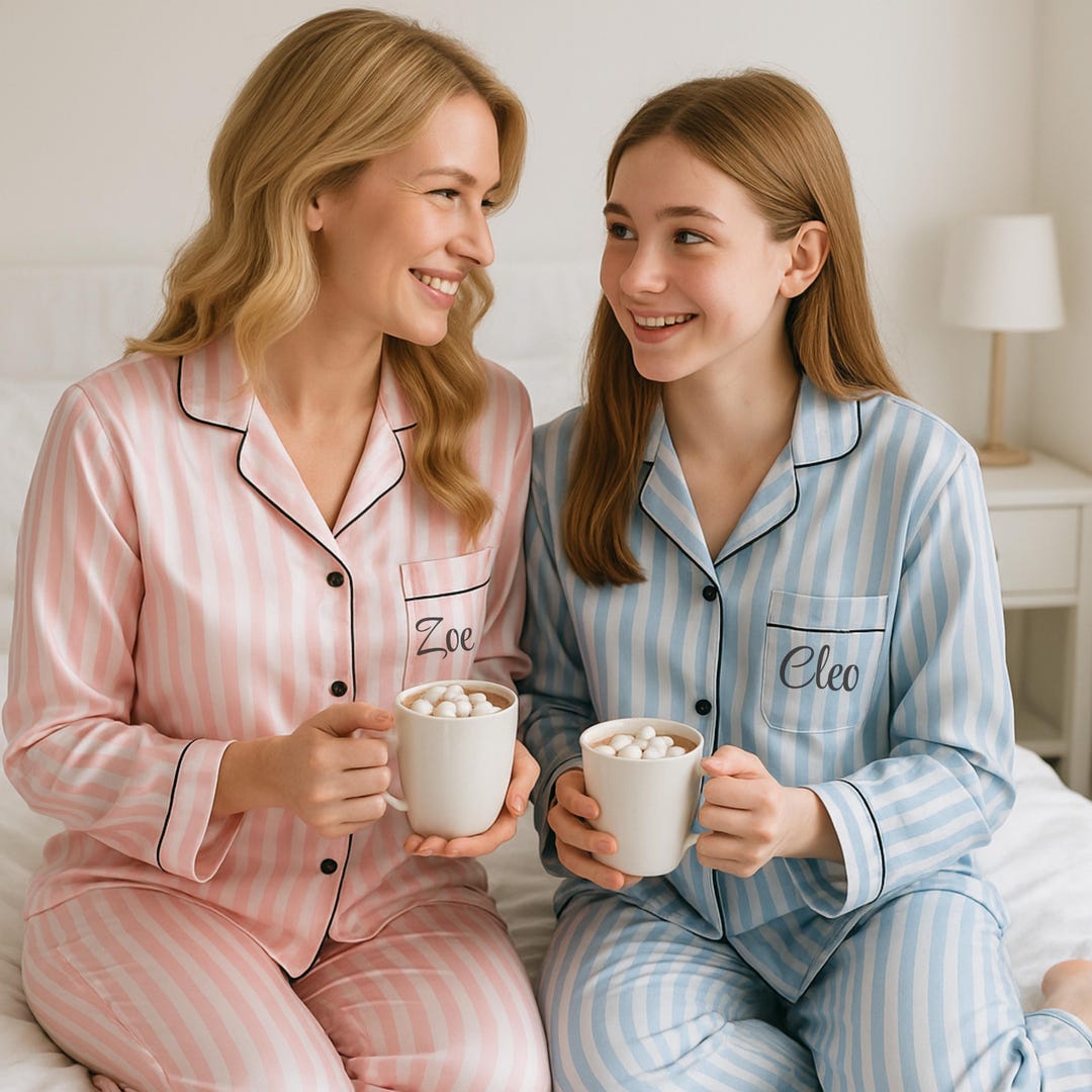 Personalised Pyjamas, Pink and Blue Custom Pjs, Mother and Daughter Pjs ...