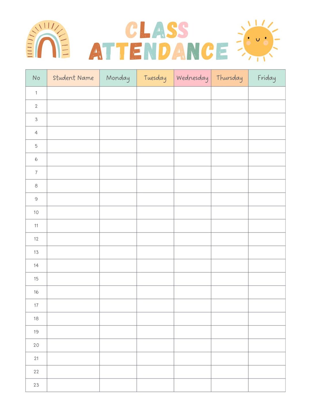 Editable Class Attendance Sheet – Rainbow Theme | Printable Teacher ...