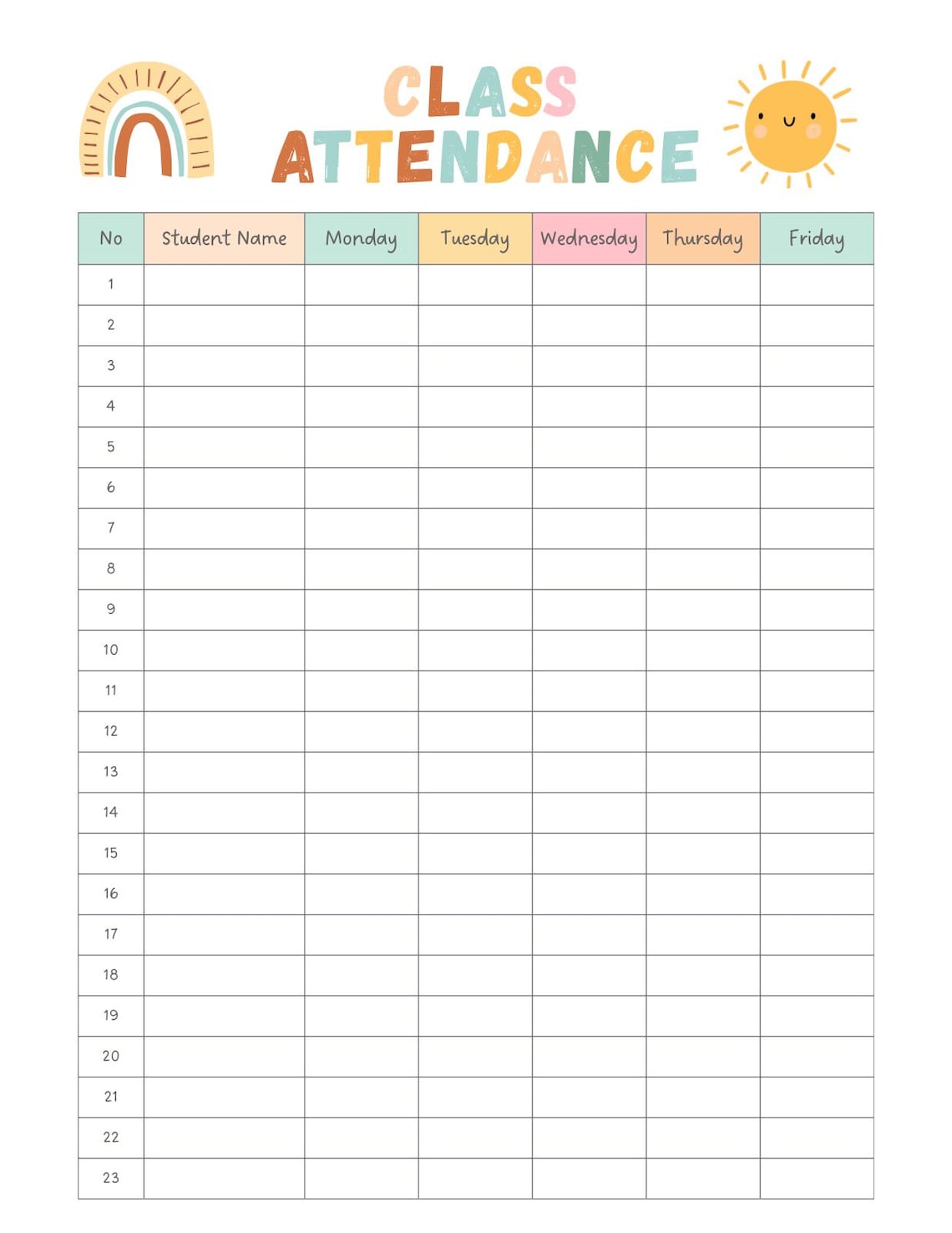 Editable Class Attendance Sheet – Rainbow Theme | Printable Teacher ...