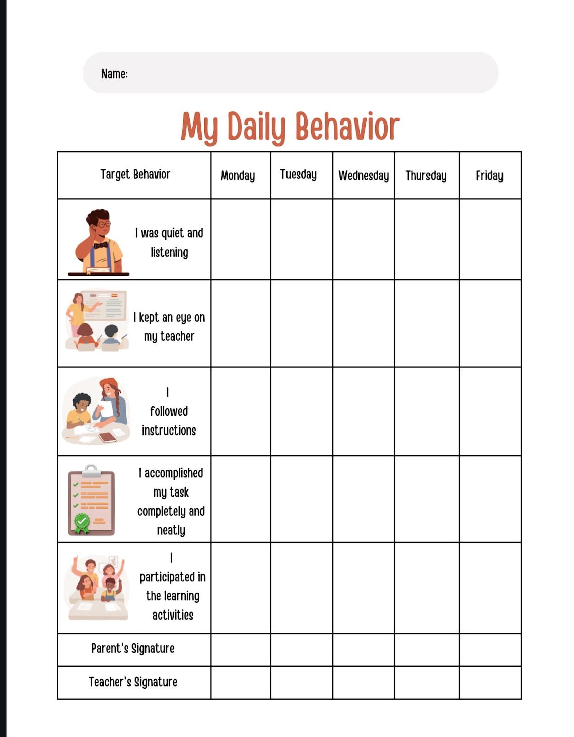 Editable Daily Behavior Chart for Students – Classroom Behavior Tracker ...