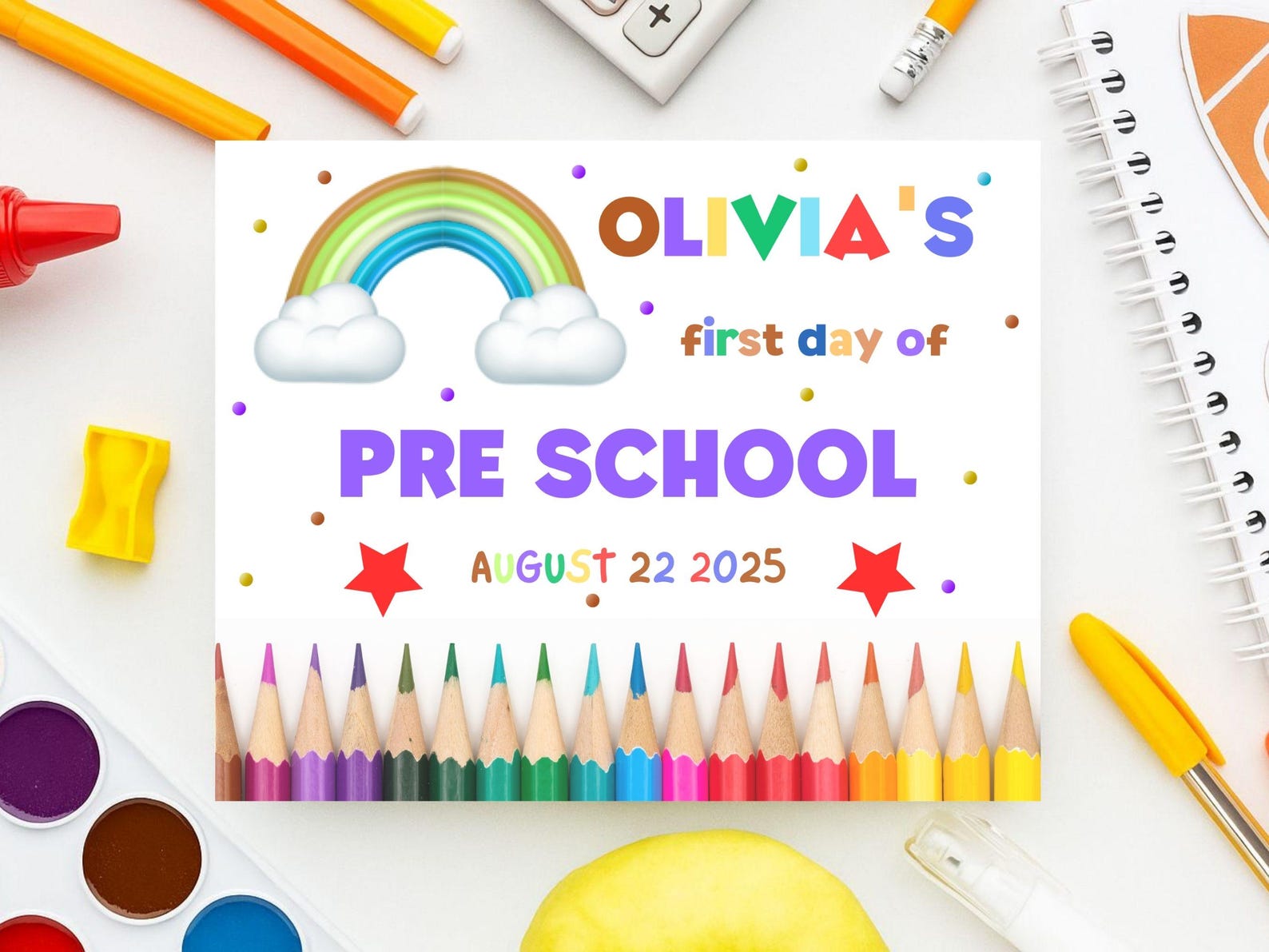 First Day of Pre School Sign Canva Template Printable Back to School ...