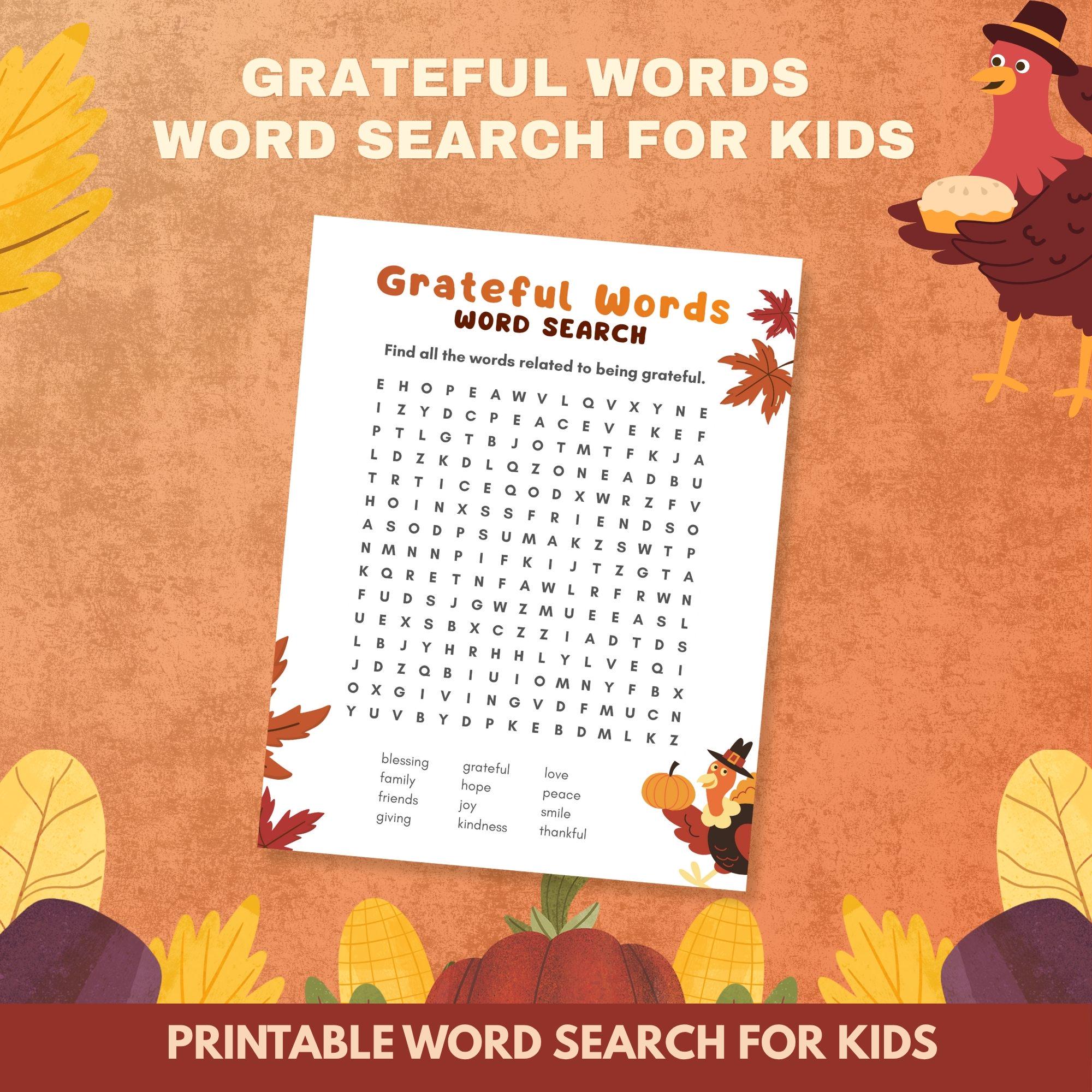 Grateful Words Word Search – Printable Thanksgiving Activity for Kids ...