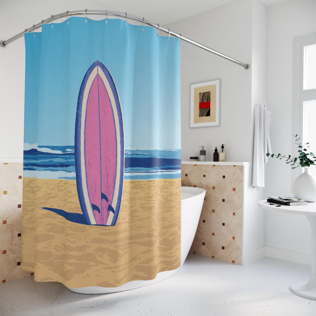 Retro Surfboard Shower Curtain, Coastal Beach Bathroom Decor, Vintage ...