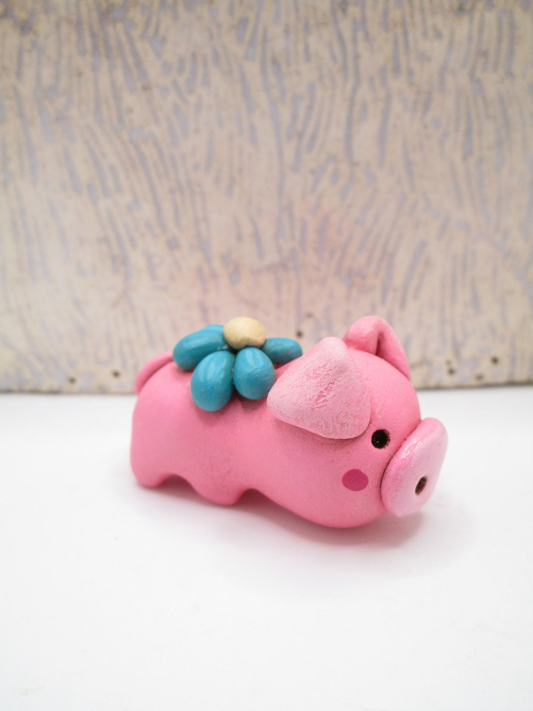Mini Pig Piggy Sculpted and Hand Painted With Teal Flower on - Etsy