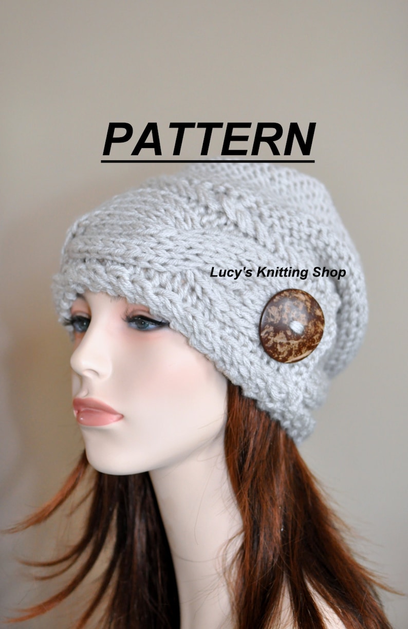 Slouchy Hat PDF PATTERN DIY Slouch Beanie Cable Button Knit Women Hat ...