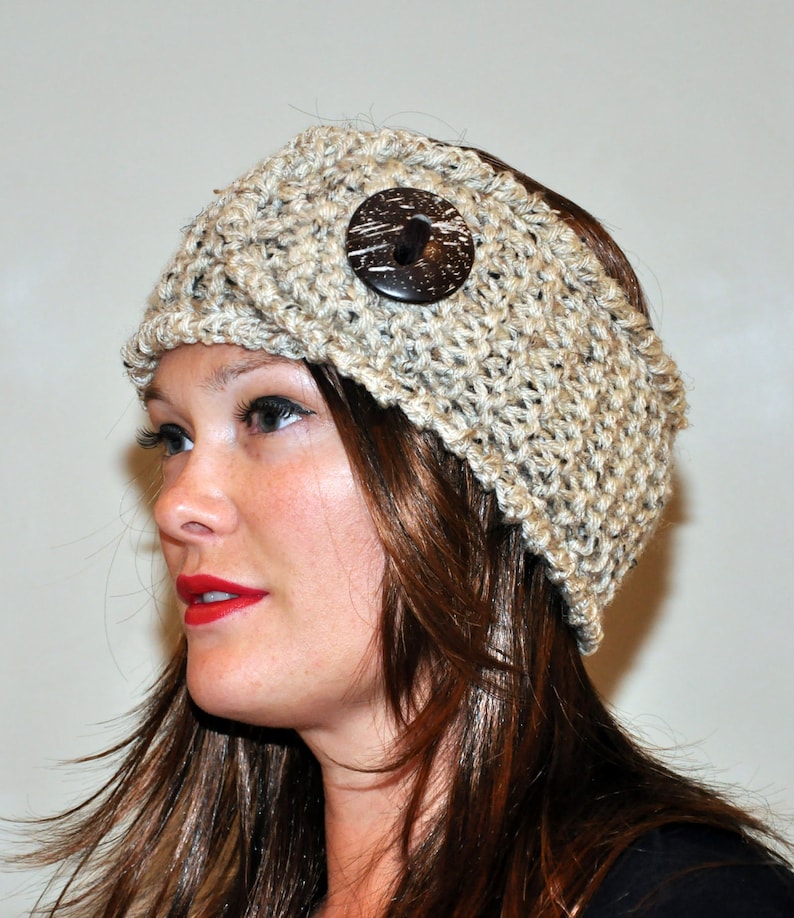 Crochet Headband Head Wrap Ear Warmer Warm Button Oatmeal Etsy