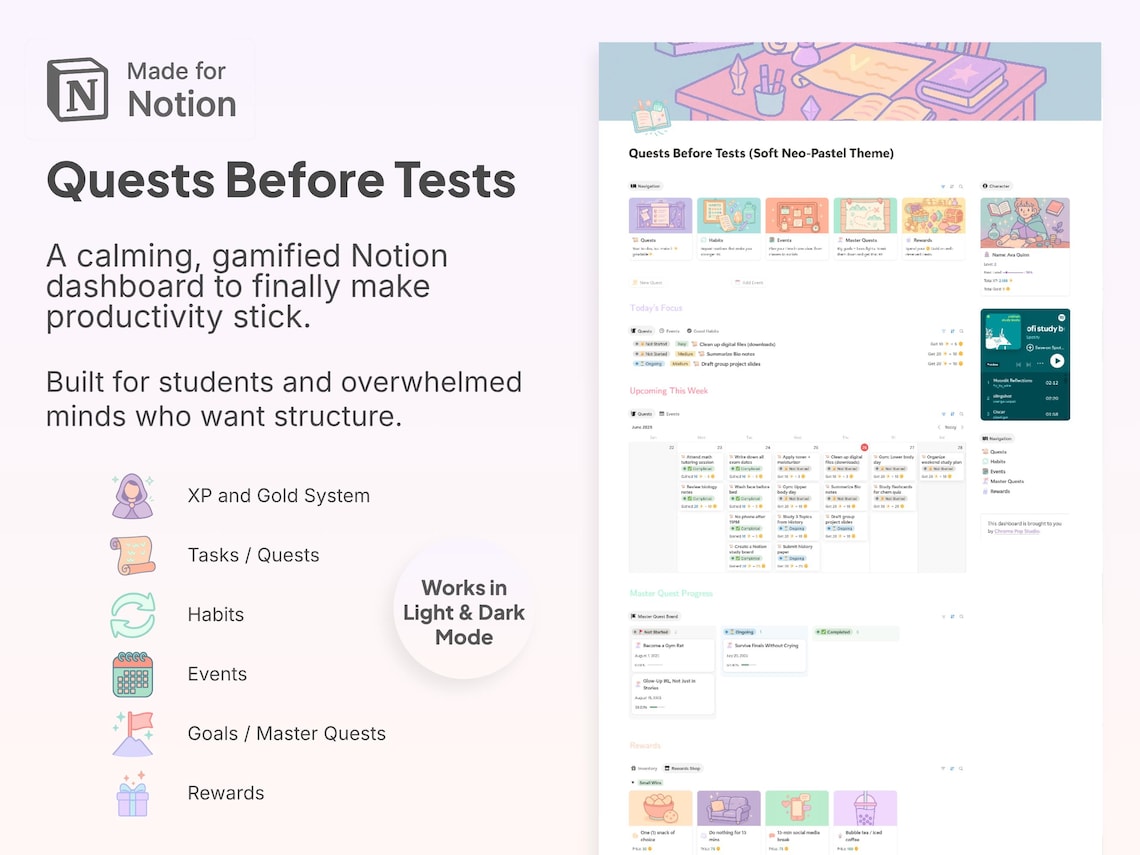Gamified RPG Notion Dashboard for Students - Quests Before Tests -soft ...