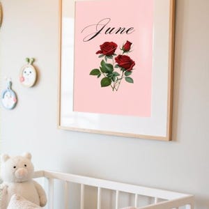 June Birth Flower Printable | Rose Wall Art | Floral Birth Month Print ...