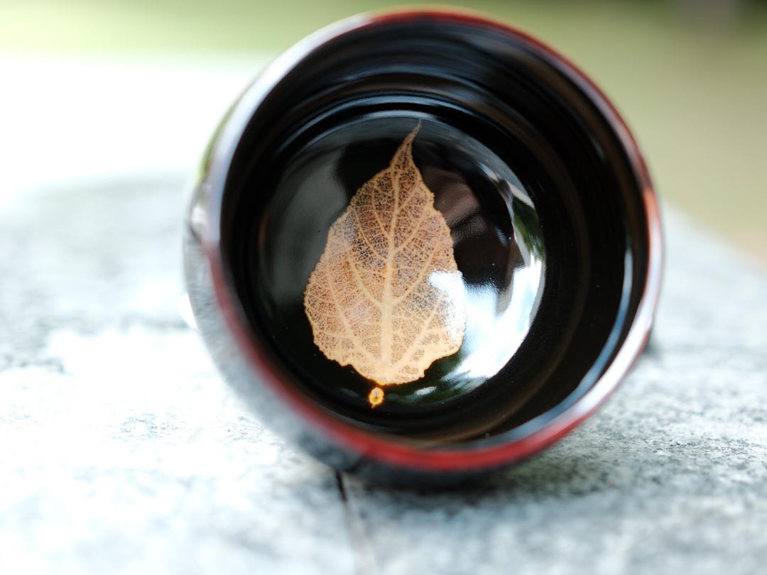 Real Leaf Tea Cup: Handmade Black Glaze Pottery, Wood Fired Wabi Sabi ...