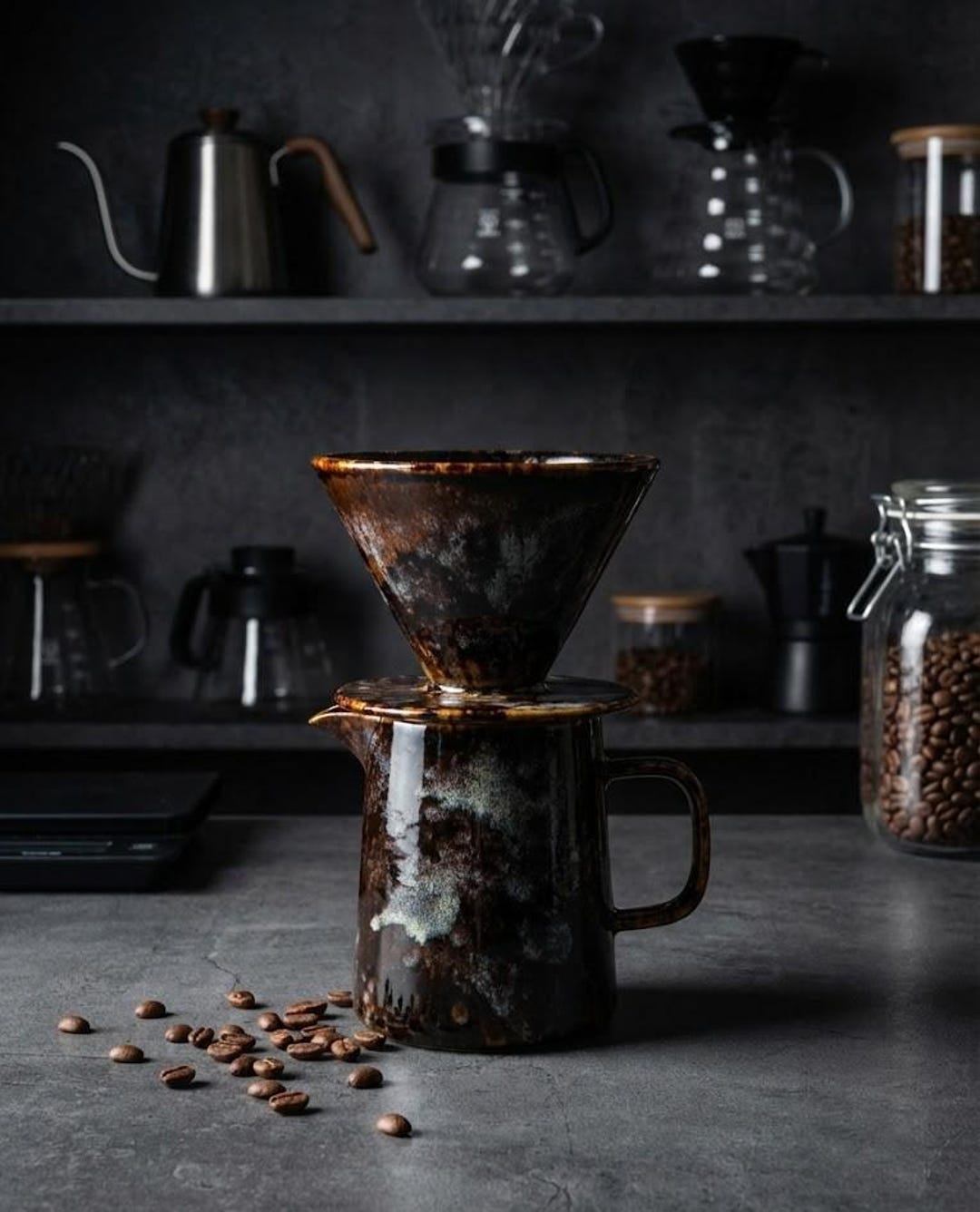 Handmade Ceramic Pour Over Coffee Set, Tenmoku Glaze, Wabi Sabi Server ...