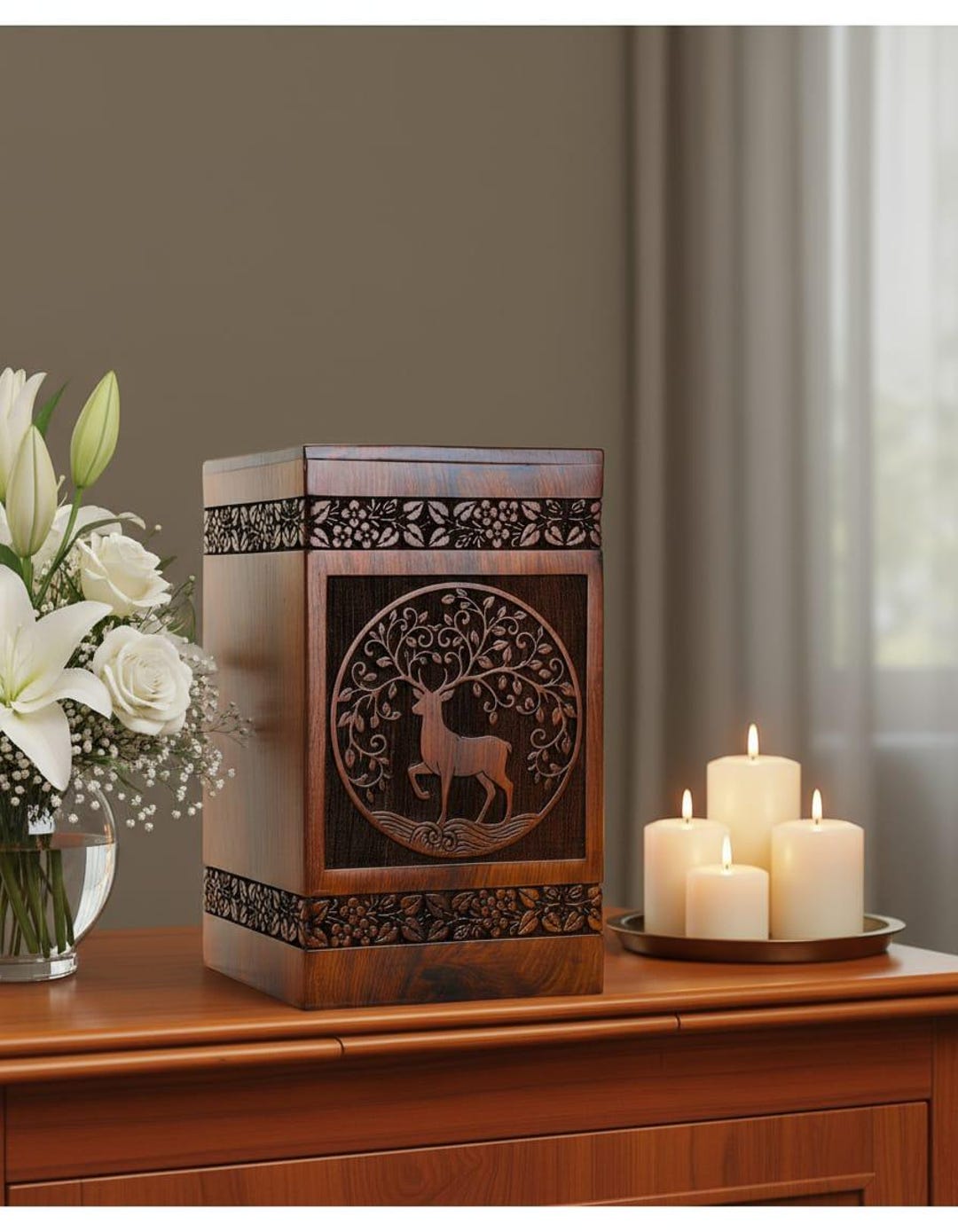 Deer Cremation Urn for Human Ashes, Wooden Memorial Urn With Tree of ...