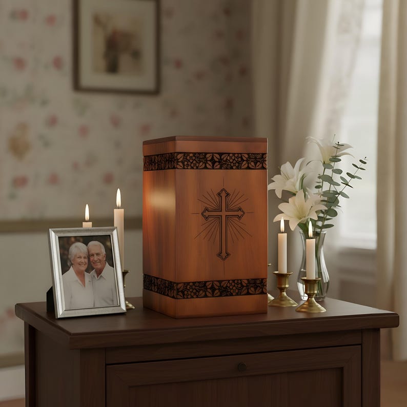 Hand-carved Rosewood Christian Cremation Urn With Cross & Floral - Etsy