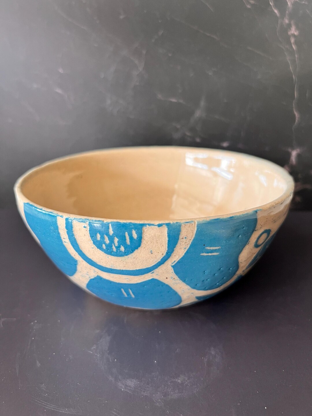 Handmade Ceramic Bowl With Blue Sgraffito Floral Pattern - Etsy