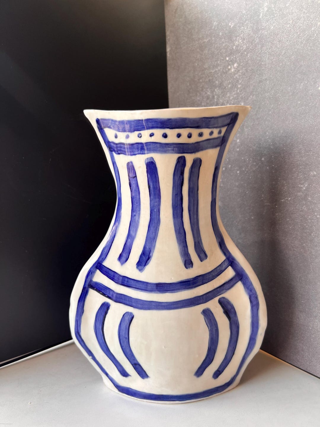 Ceramic Vase in 2D: Hand-painted Blue Florals - Faceted White Glaze - Etsy