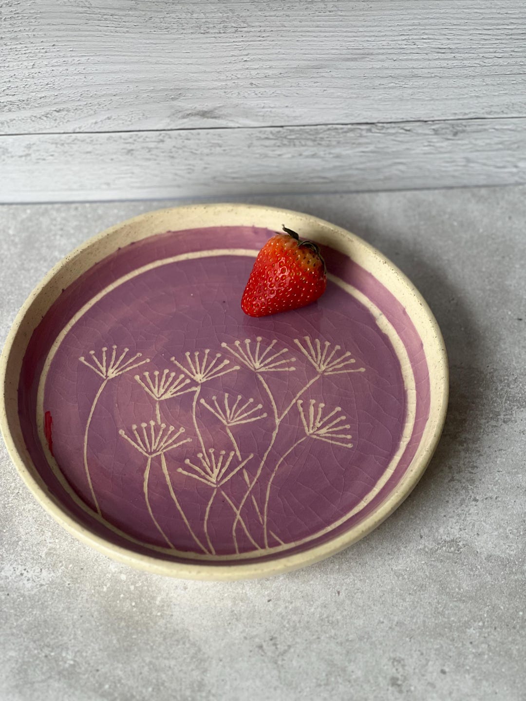 Handmade Ceramic Plate – Sgraffito Botanical Design in Plum and Natural ...