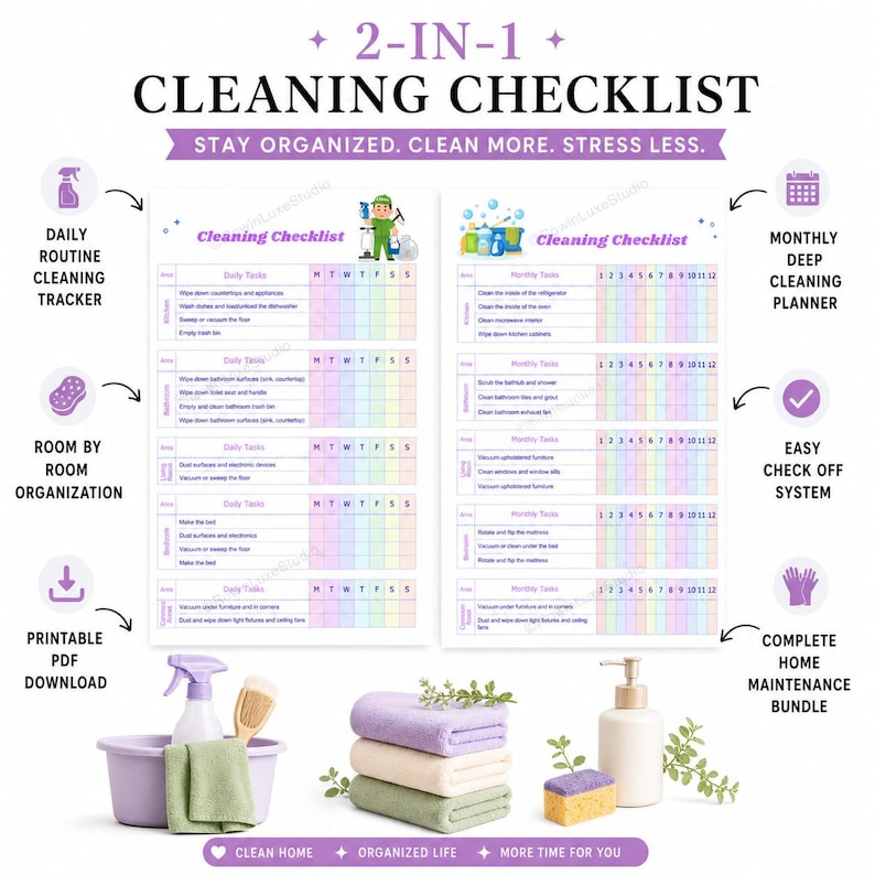 Printable Cleaning Checklist Bundle , Daily & Monthly Cleaning Planner ...