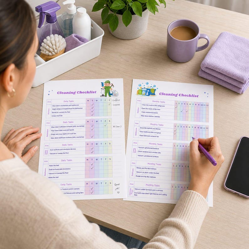 Printable Cleaning Checklist Bundle , Daily & Monthly Cleaning Planner ...