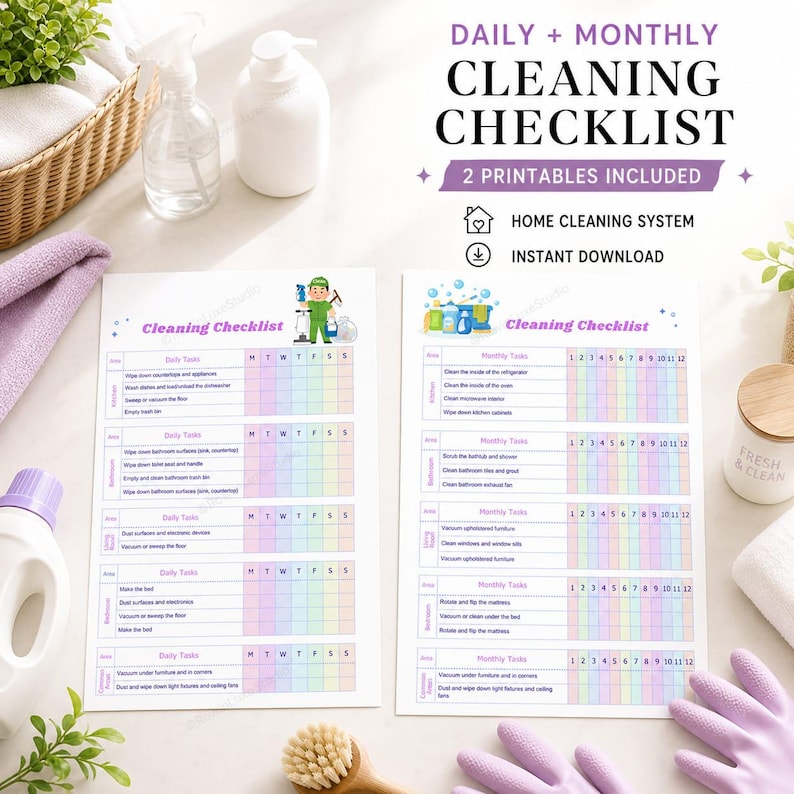 Printable Cleaning Checklist Bundle , Daily & Monthly Cleaning Planner ...