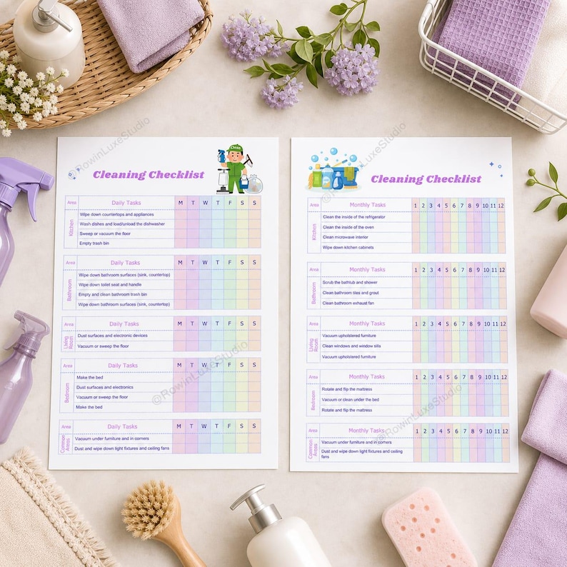 Printable Cleaning Checklist Bundle , Daily & Monthly Cleaning Planner ...